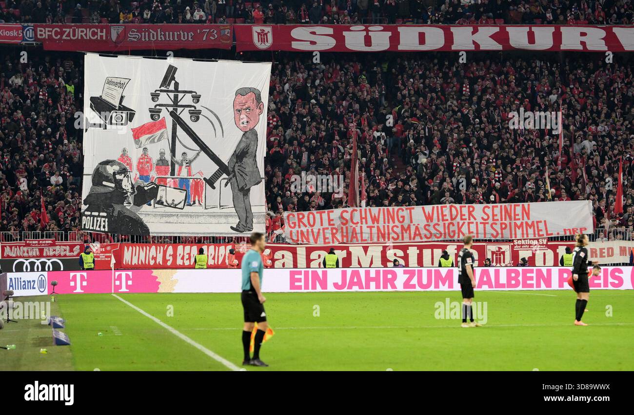 Fans supporters of Bayern with a banner against Andy Grote (Senator for ...