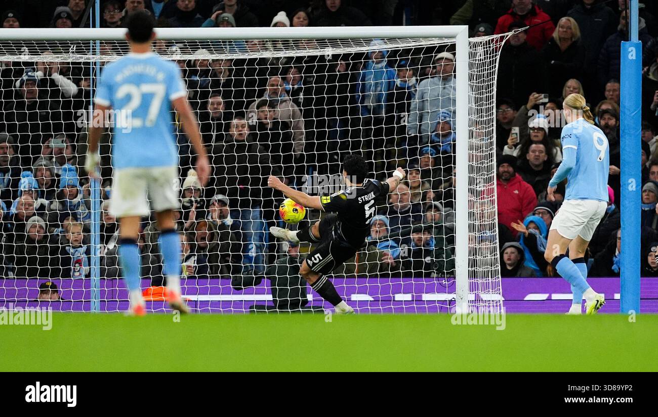 Leeds United's Pascal Struijk clears the ball during the Premier League ...