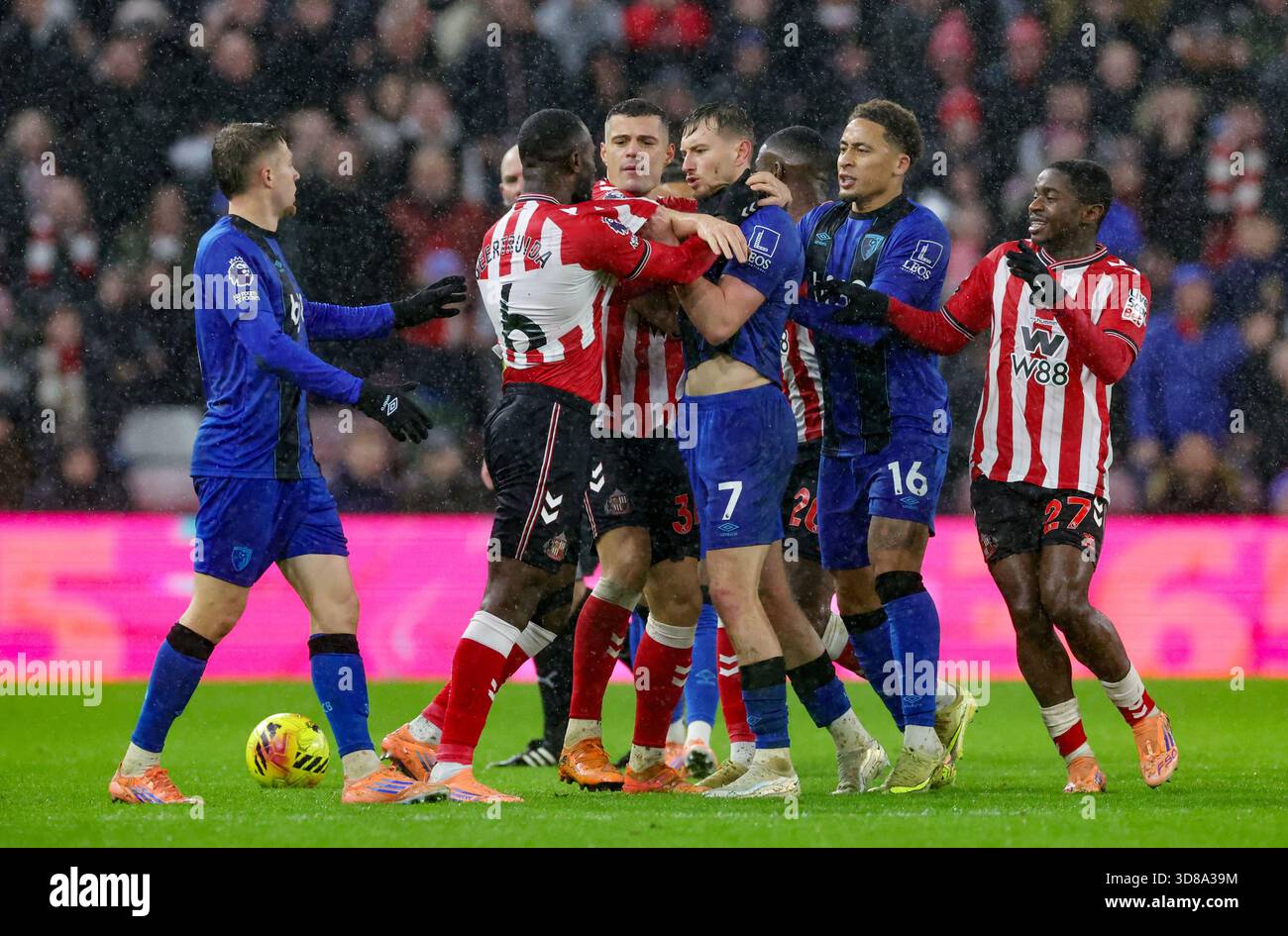 Tensions flare between Sunderland's Lutsharel Geertruida and Bournemouth's David Brooks during ...