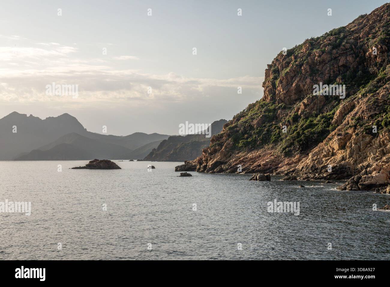 Aerial view town and ruins of the Genoese tower of Porto, Corsica ...