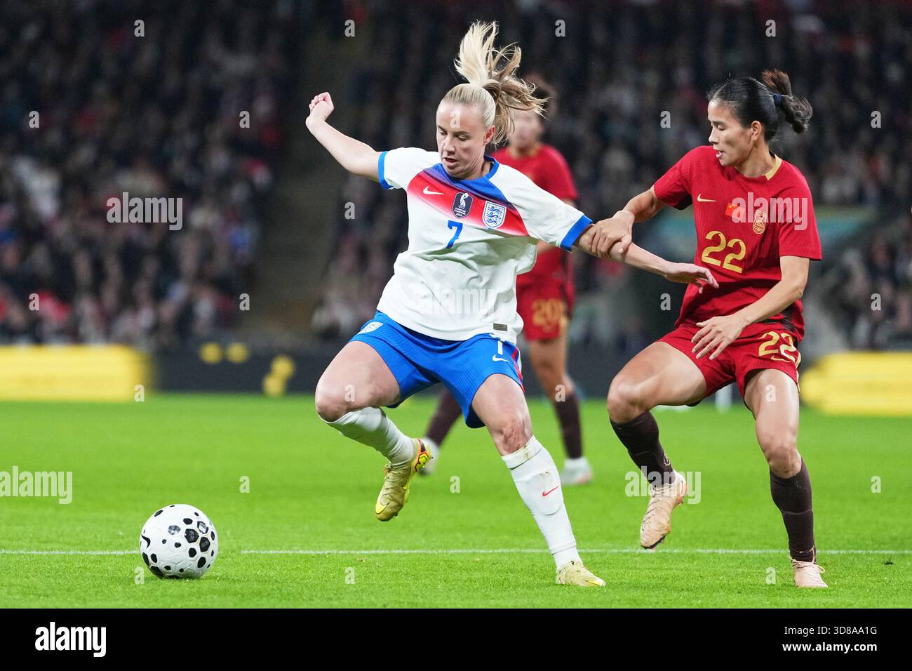 China's Chen Qiaozhu, right, challenges for the ball with England's ...