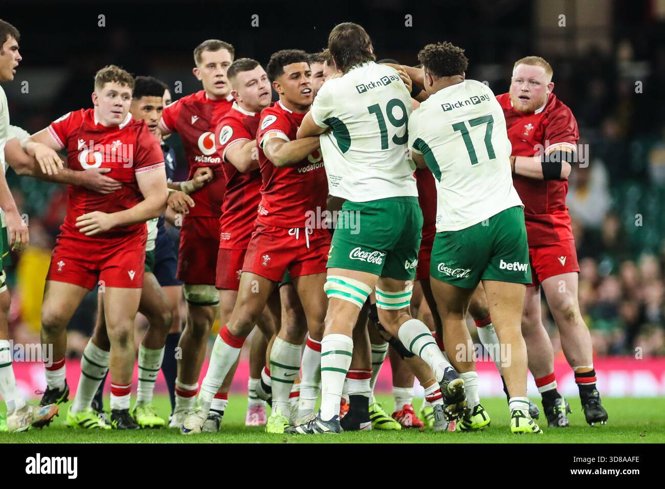 Eben Etzebeth of South Africa and Alex Mann of Wales get into a heated exchange during the ...