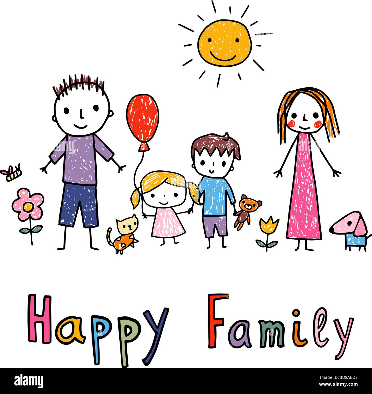 Cute hand drawn vector drawing of happy family, couple with sun and ...