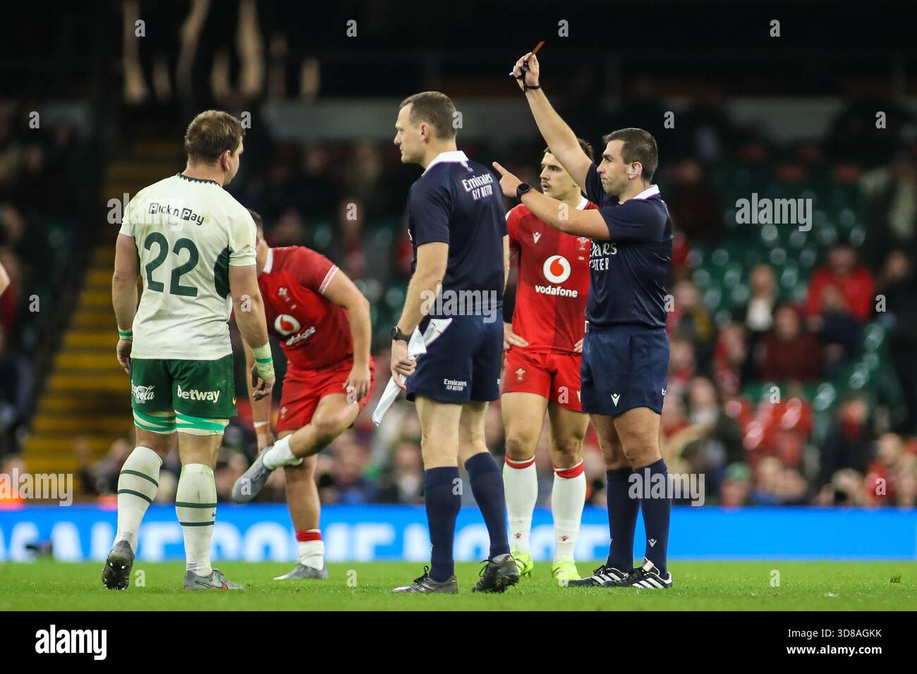 Referee Luc Ramos shows the red card to Eben Etzebeth of South Africa ...