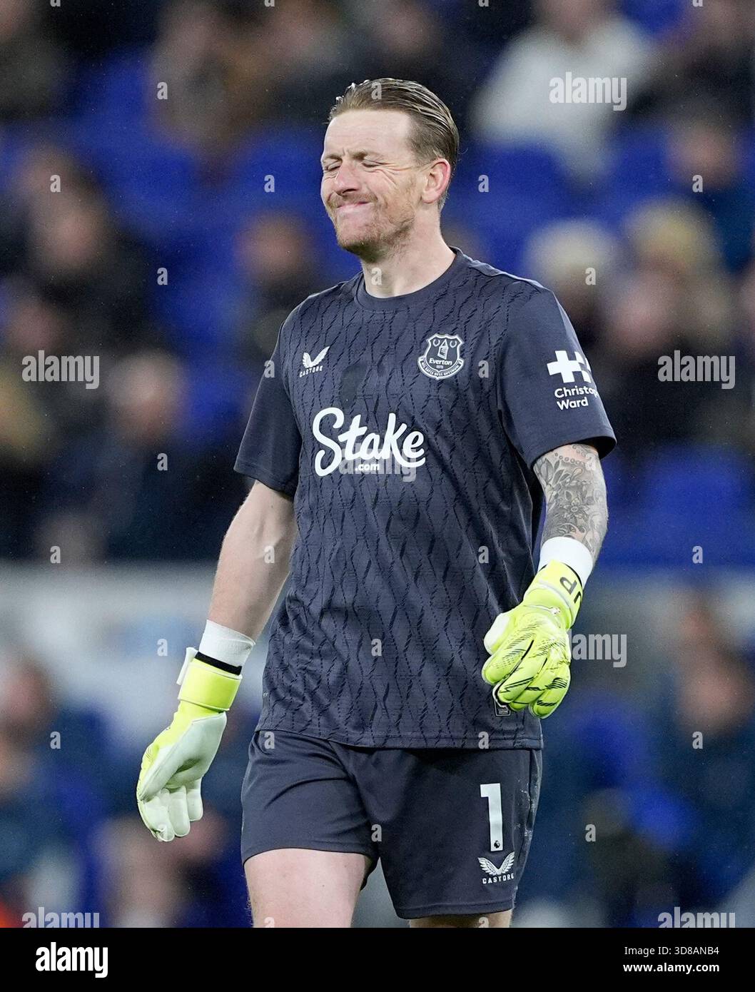Everton goalkeeper Jordan Pickford on the pitch after the Premier ...