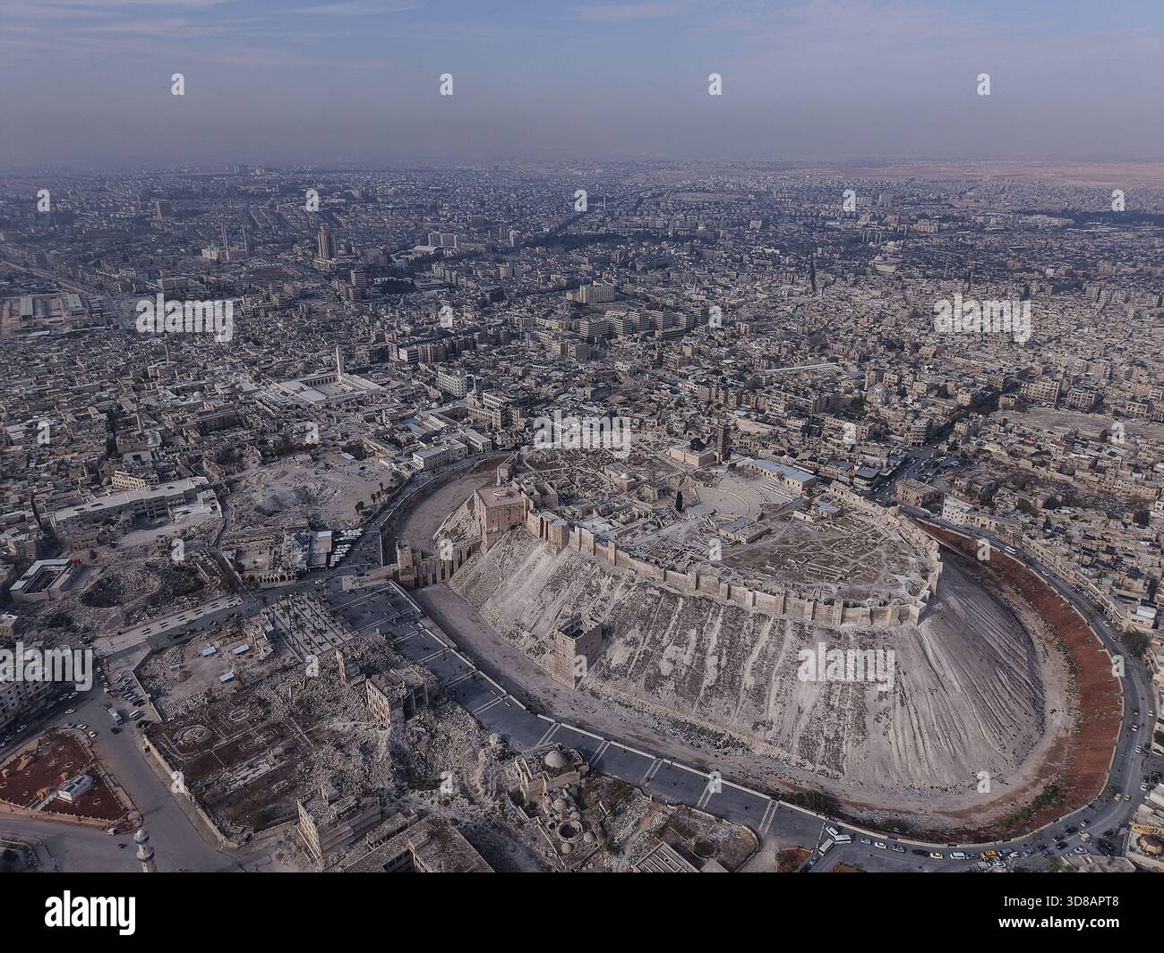 29 November 2025, Syria, Aleppo: An aerial view shows the destruction ...