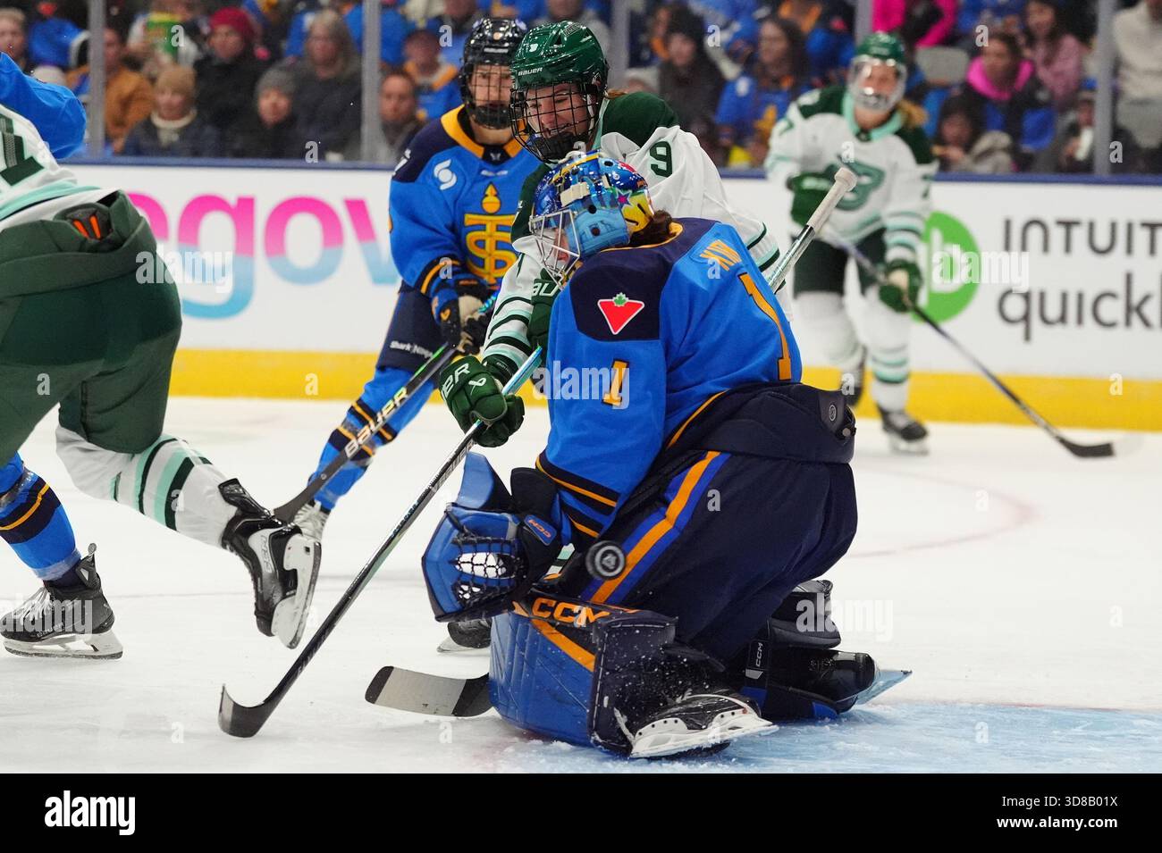 Toronto Sceptres goaltender Raygan Kirk (1) makes a save on Boston ...