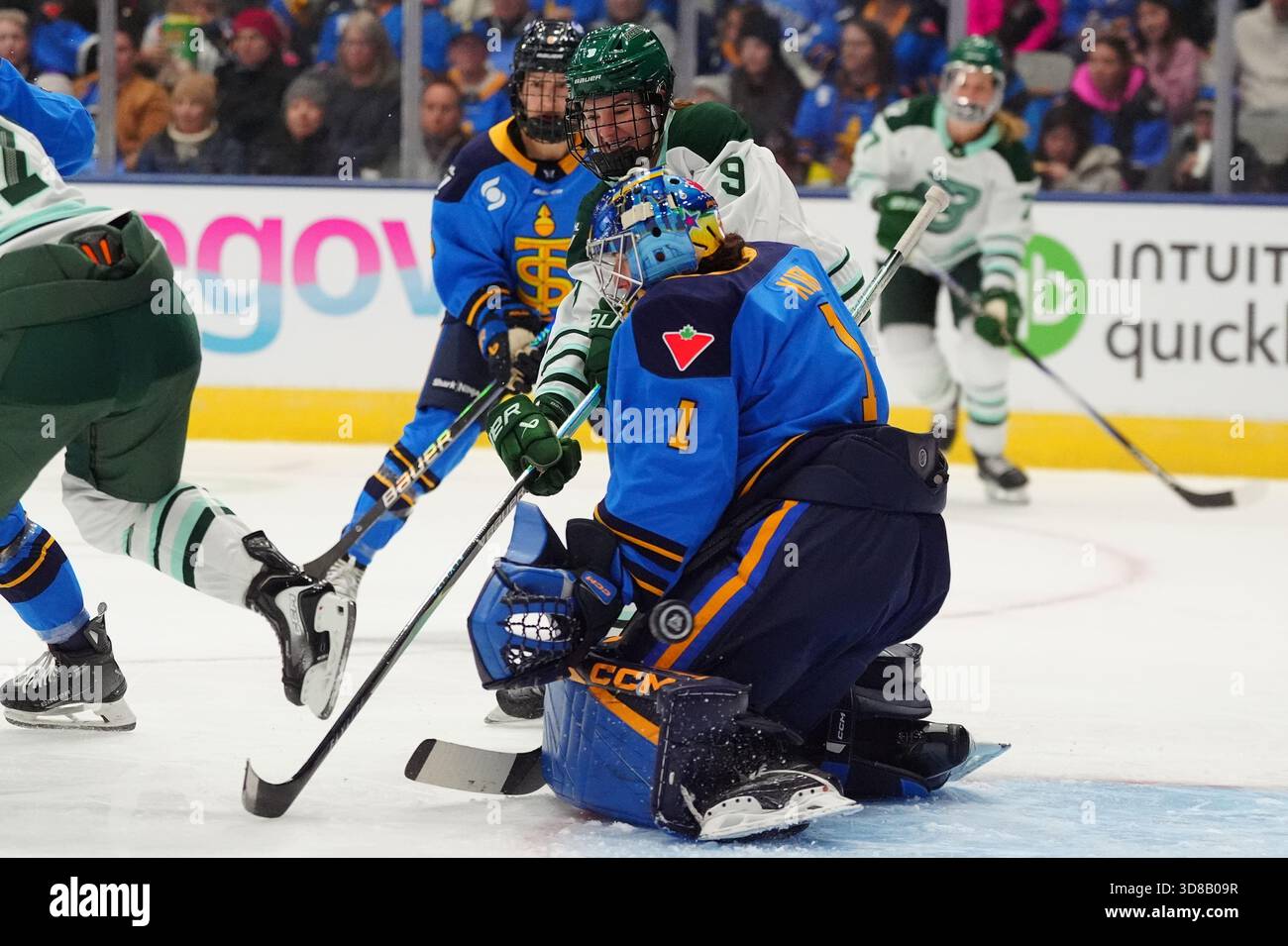 Toronto Sceptres goaltender Raygan Kirk (1) makes a save on Boston ...