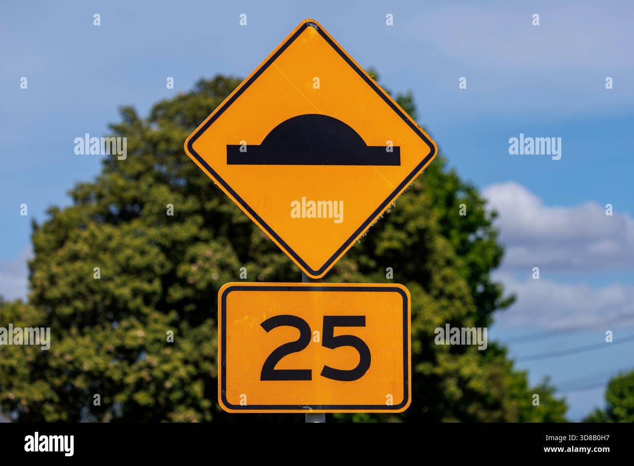A warning traffic sign indicating a speed bump ahead alongside a 25 mph ...