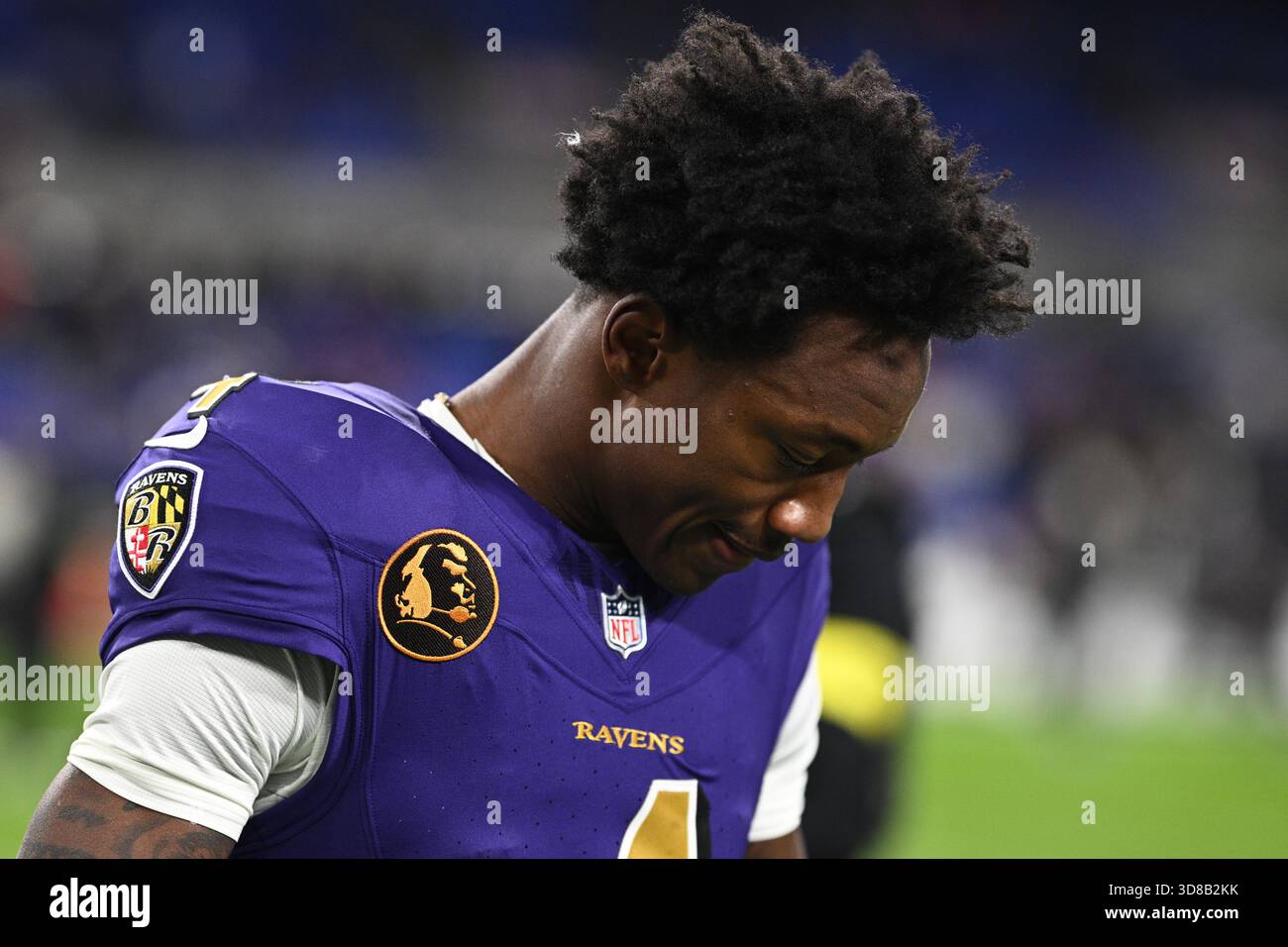 A John Madden patch is seen on the uniform of Baltimore Ravens wide ...