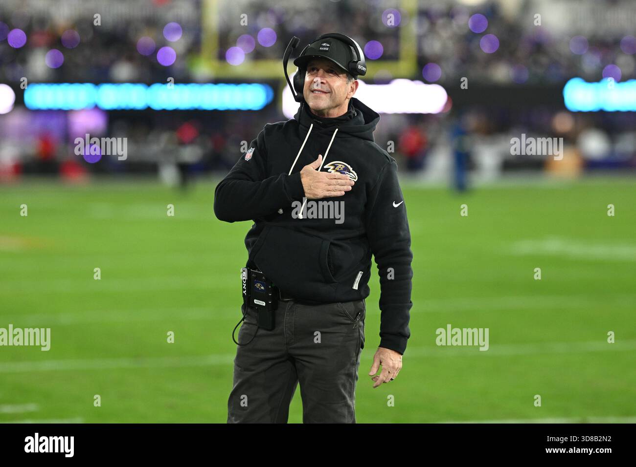 Baltimore Ravens head coach John Harbaugh gestures before an NFL ...