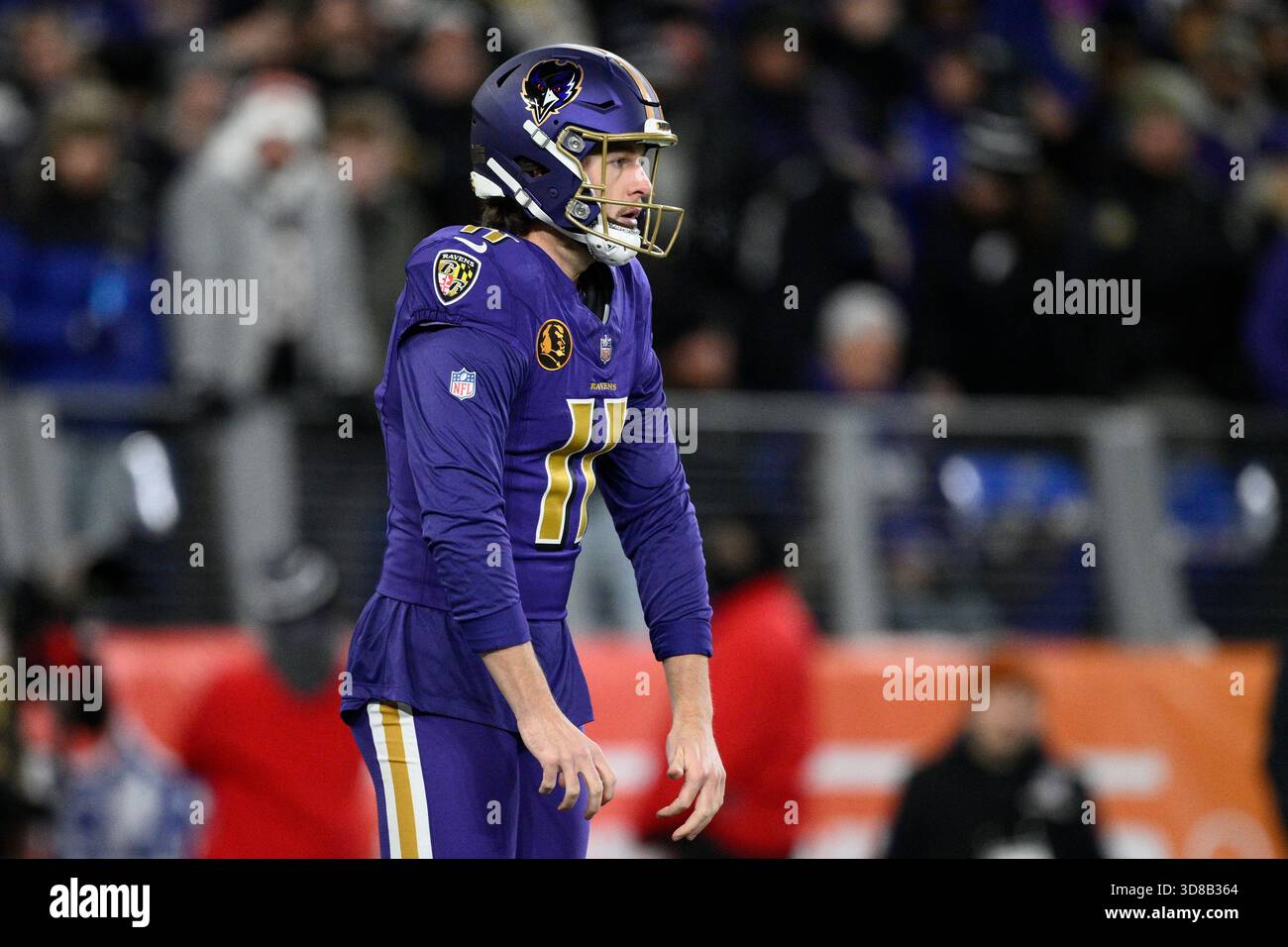 Baltimore Ravens punter Jordan Stout (11) in action during the first ...