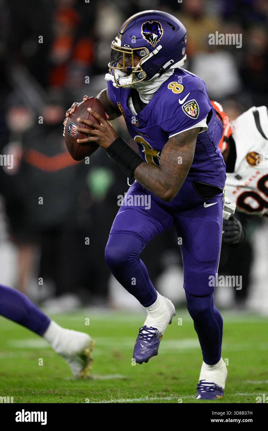 Baltimore Ravens quarterback Lamar Jackson (8) in action during the ...