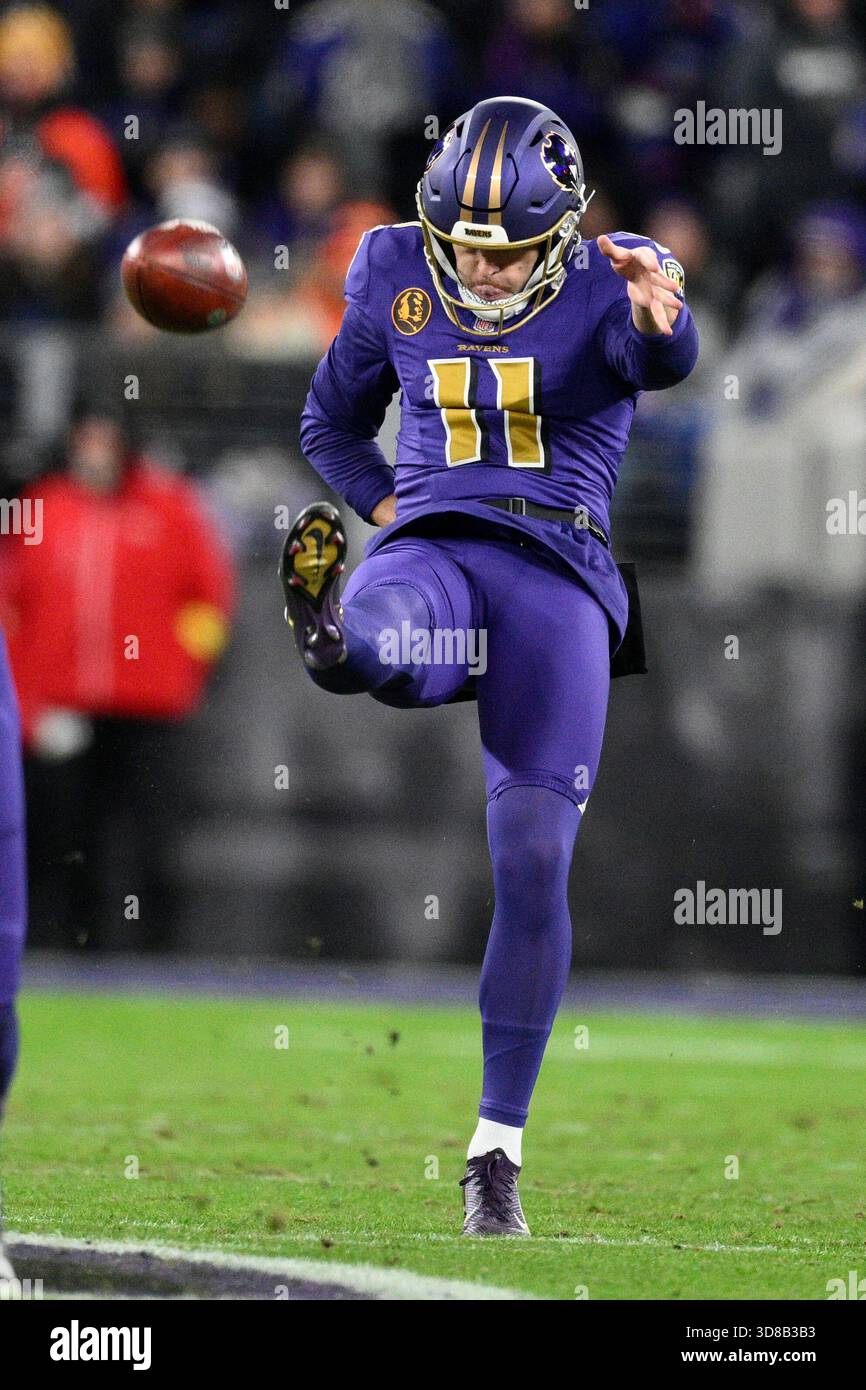 Baltimore Ravens punter Jordan Stout (11) in action during the first ...