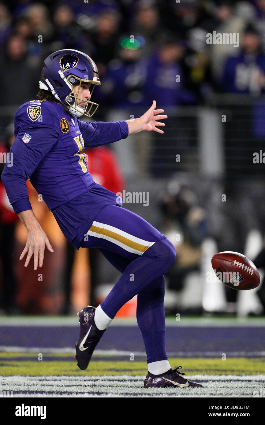 Baltimore Ravens punter Jordan Stout (11) in action during the first ...
