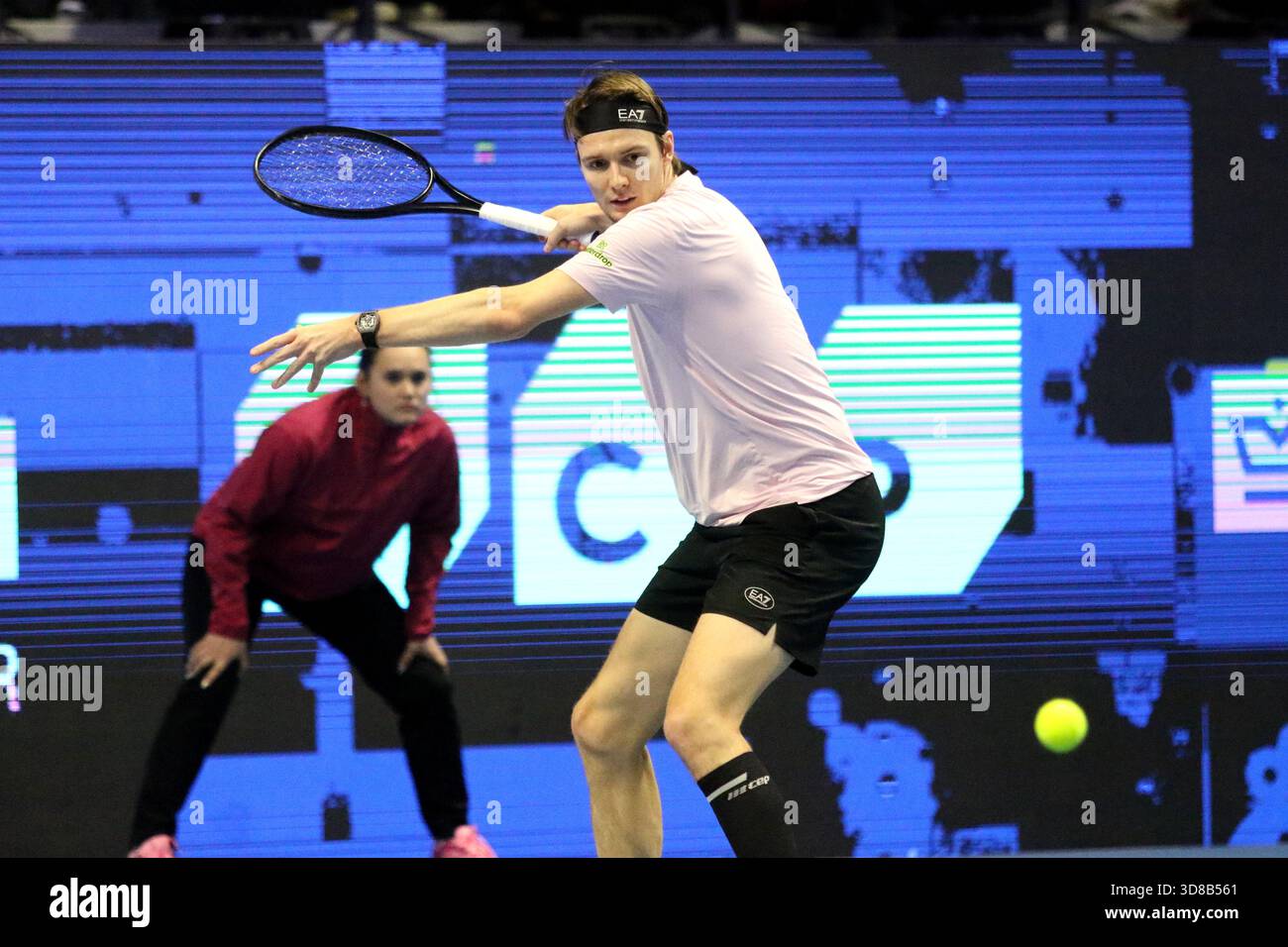 Alexander Bublik of Kazakhstan plays against Karen Khachanov of Russia (Not in view) during the ...