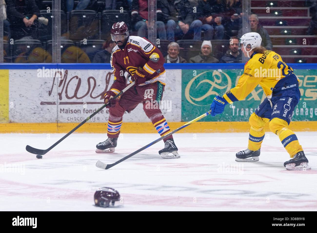 Dave Sutter (77 Geneve-Servette HC) in action (close up) under pressure ...