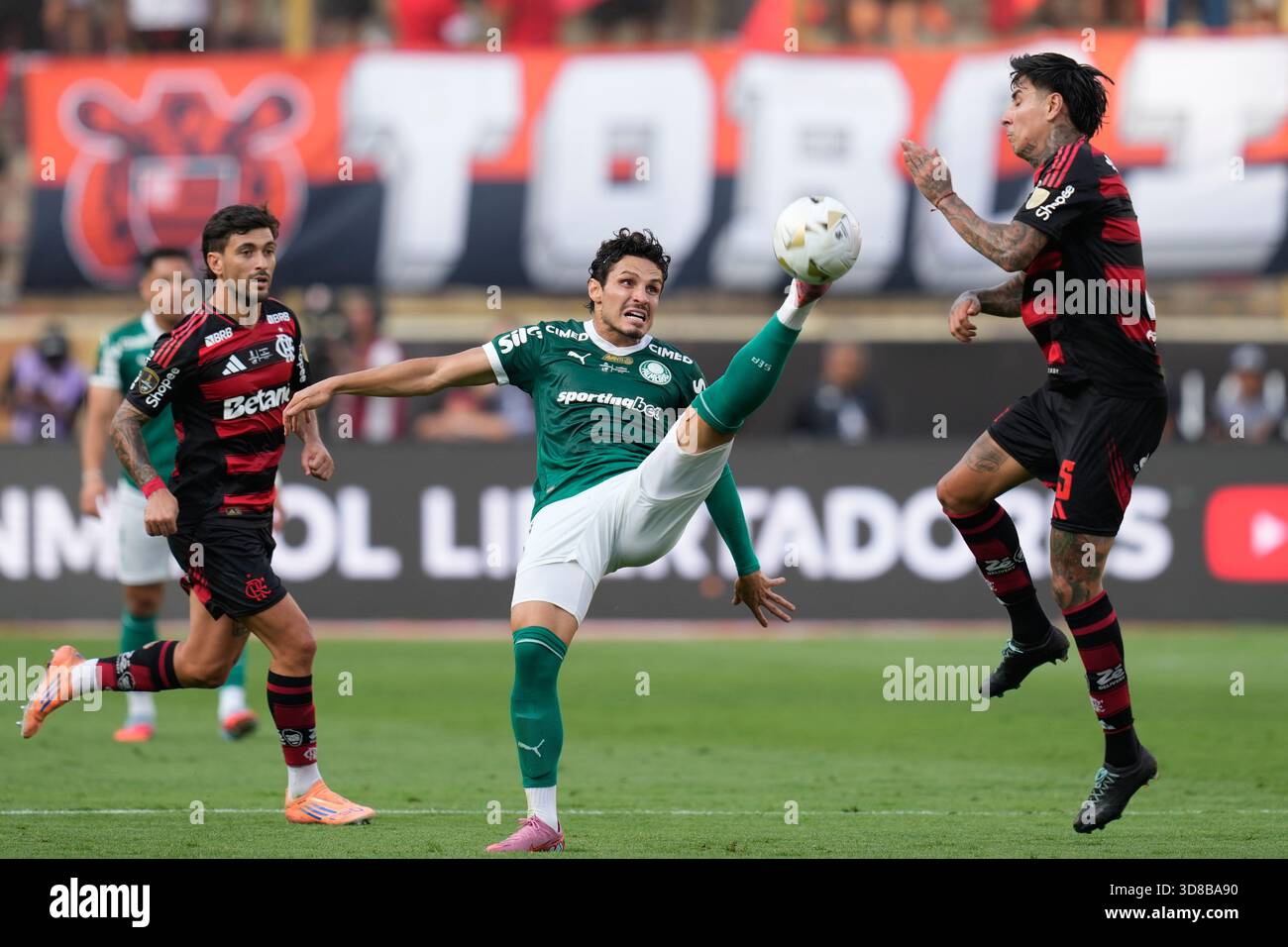 Raphael Veiga of Brazil's Palmeiras clears the ball away from Erick ...