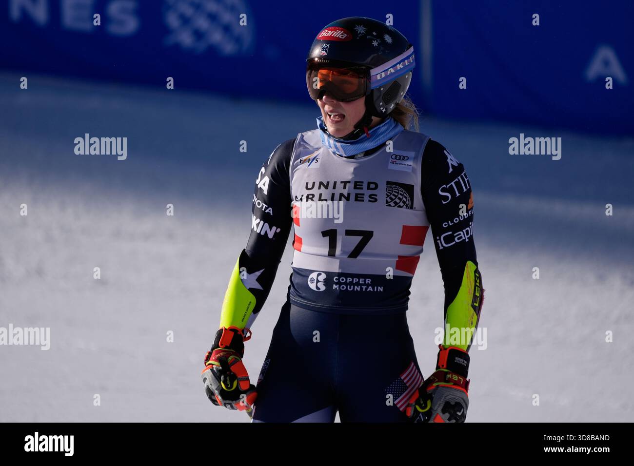 United States' Mikaela Shiffrin reacts after her run during a World Cup ...