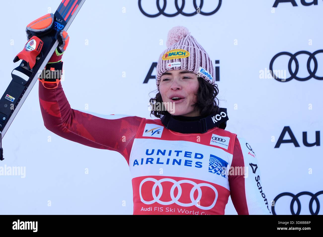 Second place finisher Austria's Julia Scheib celebrates after a World ...