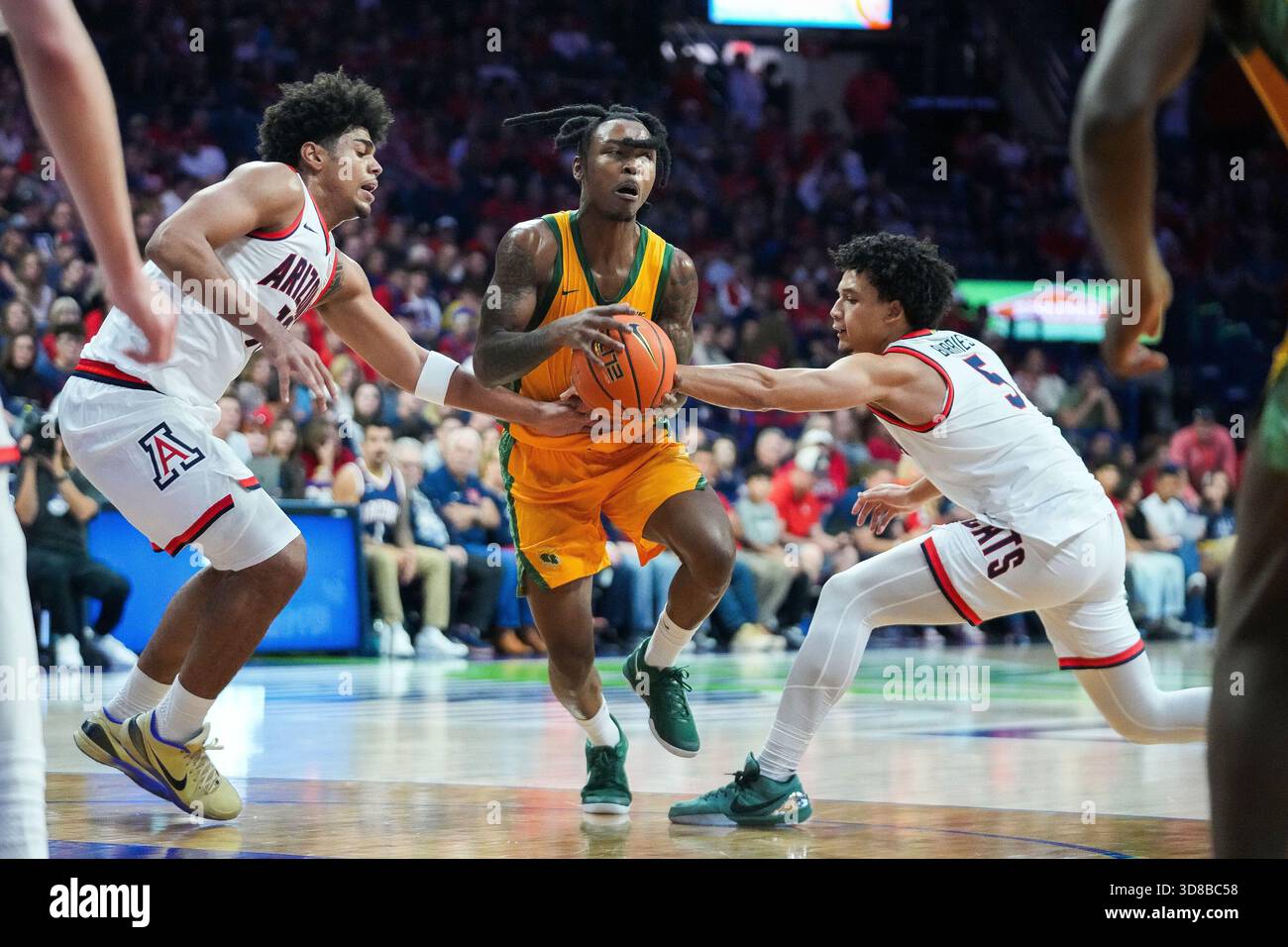 Norfolk State guard Elijah Jamison, middle, gets double-teamed by ...