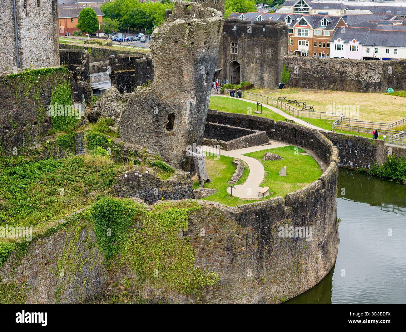Famous leaning tower and stone ruins of the medieval Caerphilly Castle ...