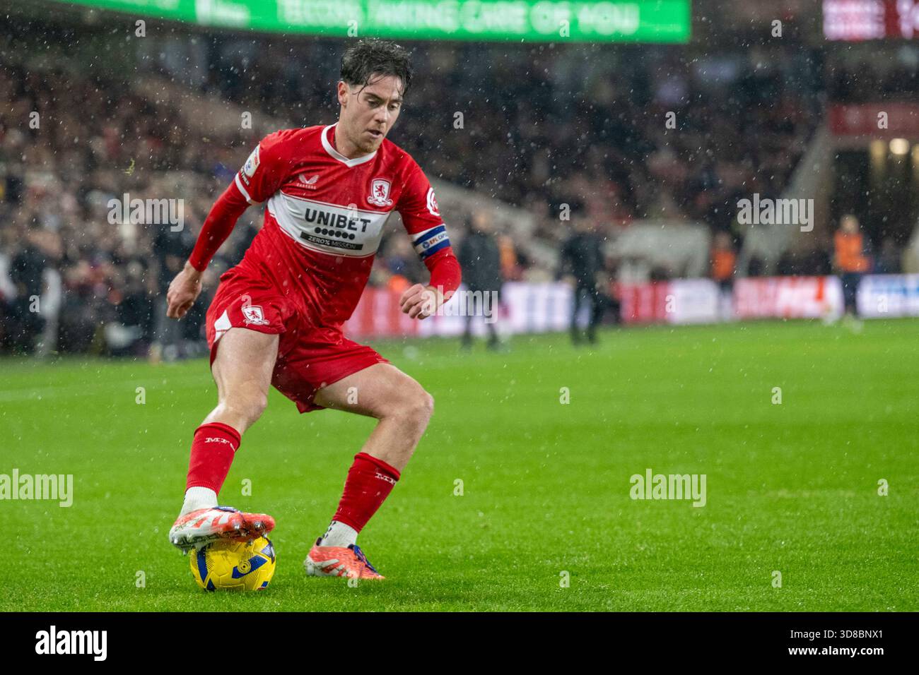Hayden Hackney of Middlesbrough pulls the ball back looking to cross ...