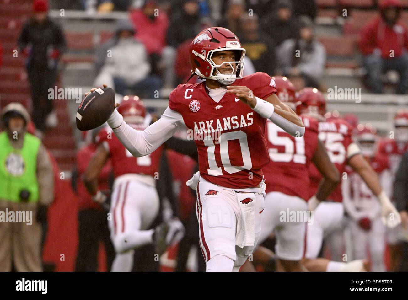 Arkansas quarterback Taylen Green (10) rolls out to pass against ...