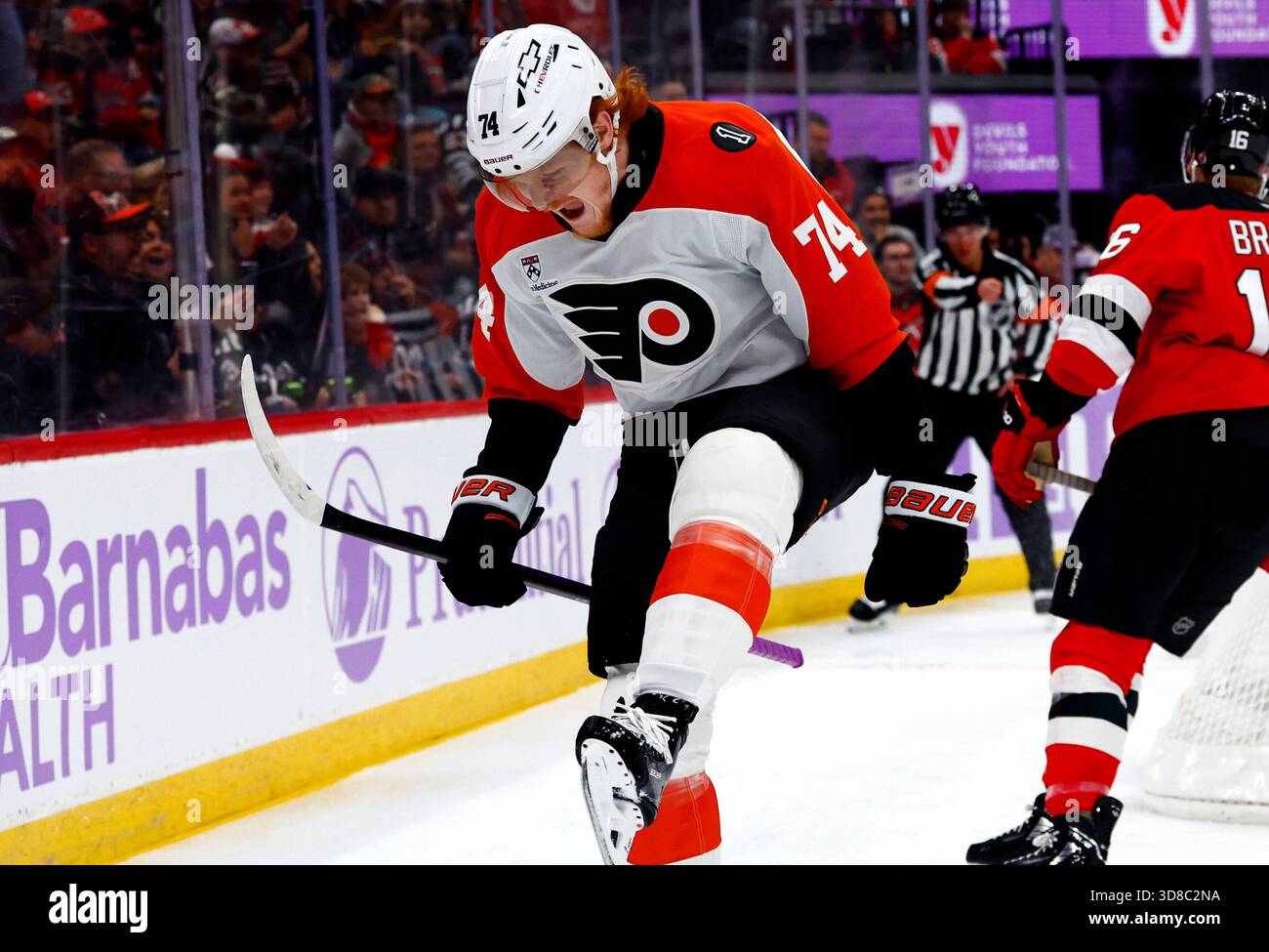 Philadelphia Flyers right wing Owen Tippett (74) reacts after scoring a ...