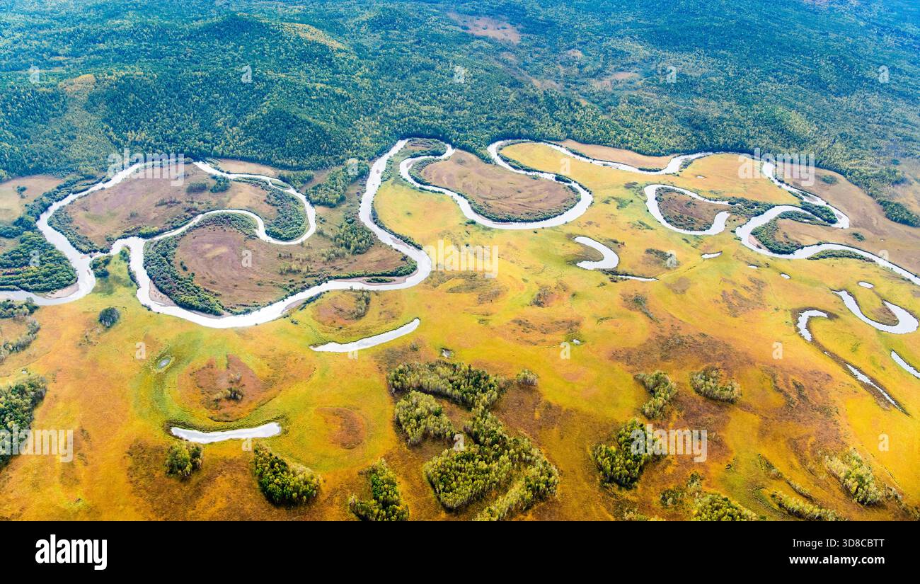 Aerial view of winding rivers and fertile wetlands in the Nanweng River ...