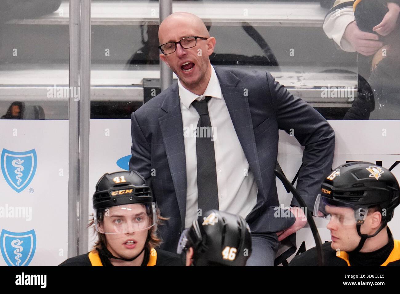 Pittsburgh Penguins head coach Dan Muse, top, gives instruction to ...