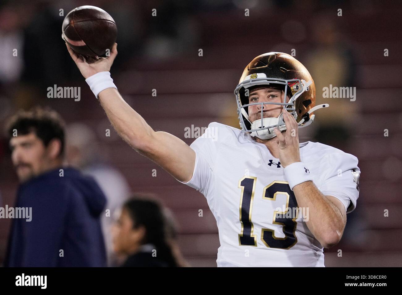 Notre Dame quarterback CJ Carr (13) warms up before an NCAA college ...