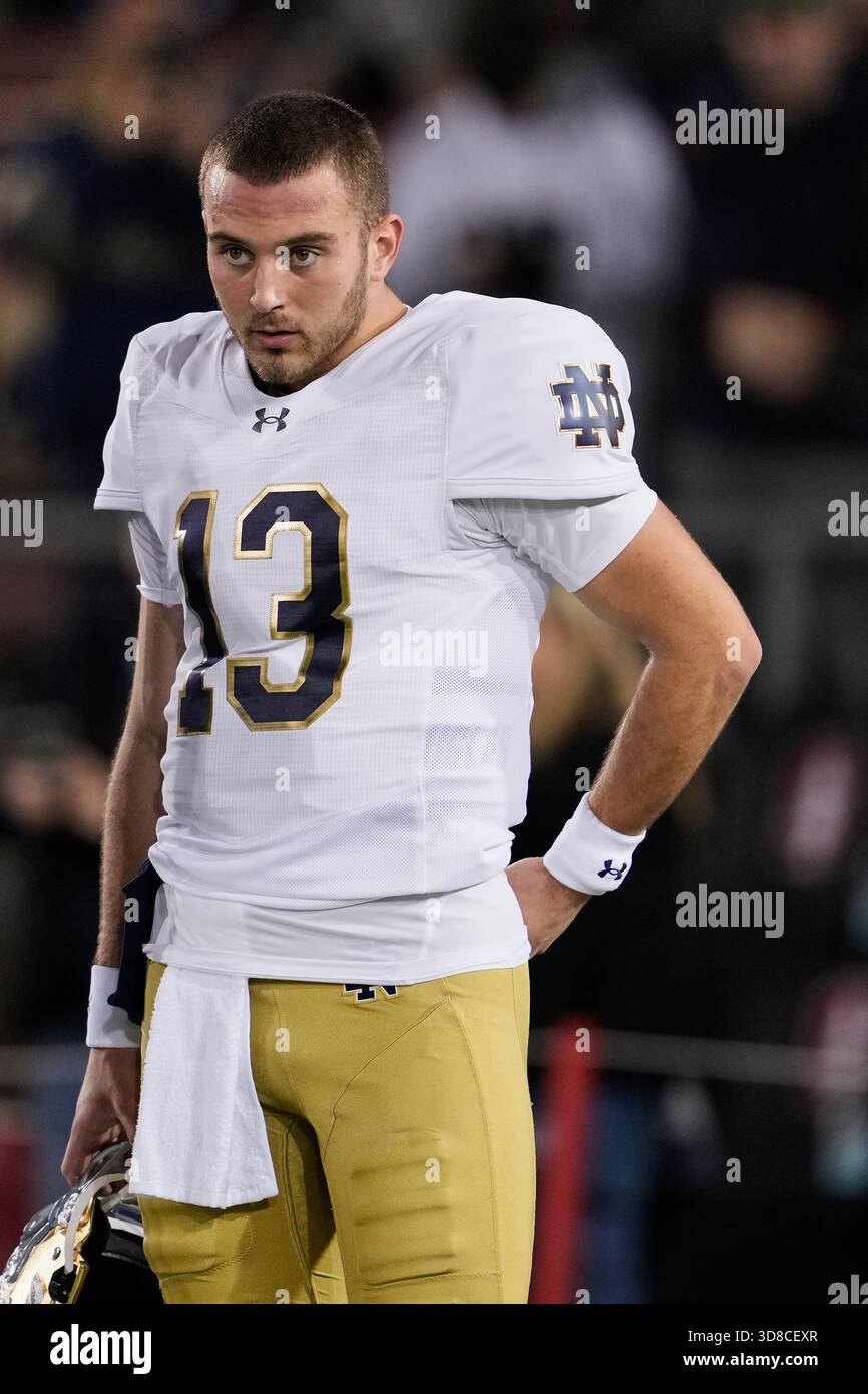 Notre Dame quarterback CJ Carr warms up before an NCAA college football ...