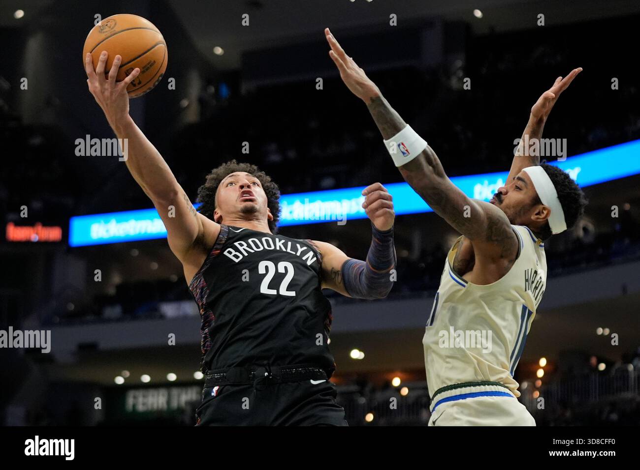 Brooklyn Nets' Jalen Wilson (22) shoots against Milwaukee Bucks' Gary ...