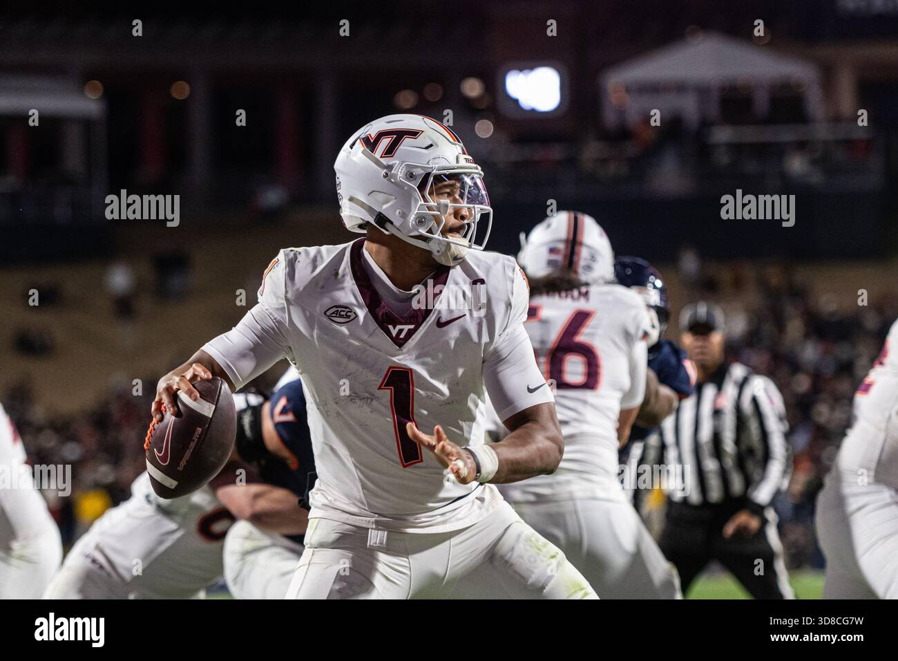 Virginia Tech quarterback Kyron Drones (1) looks to pass the ball from ...