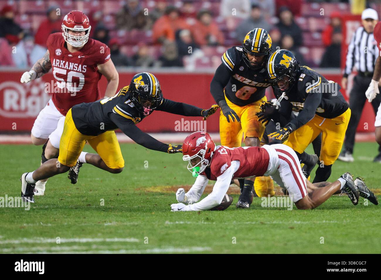 November 29, 2025: Razorback wide receiver CJ Brown (3) is able to fall ...