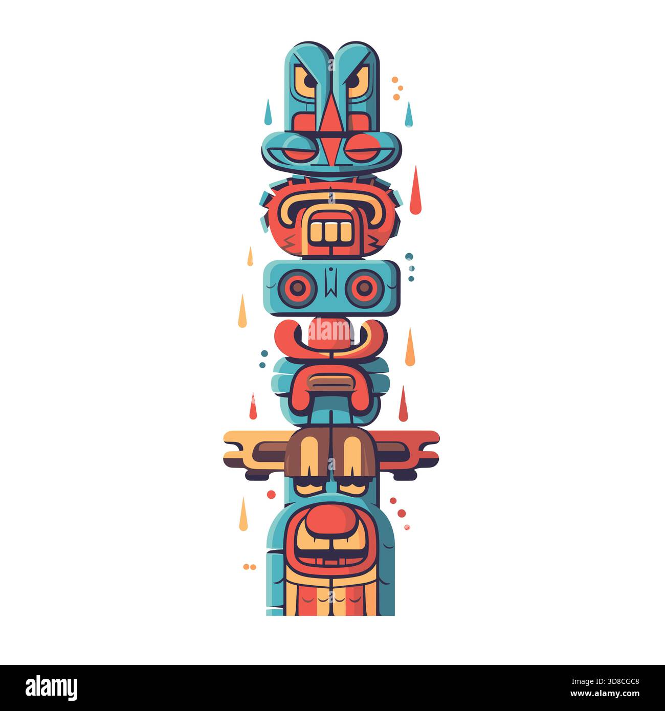 A tall, vertical totem pole is shown featuring stacked animal figures ...