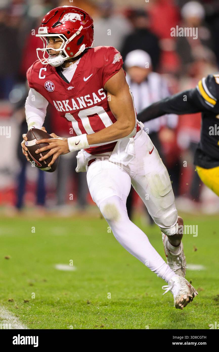 November 29, 2025: Razorback QB Taylen Green (10) rolls out to his left ...