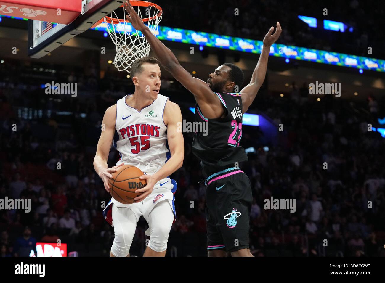 Detroit Pistons forward Duncan Robinson (55) grabs the ball after Miami ...