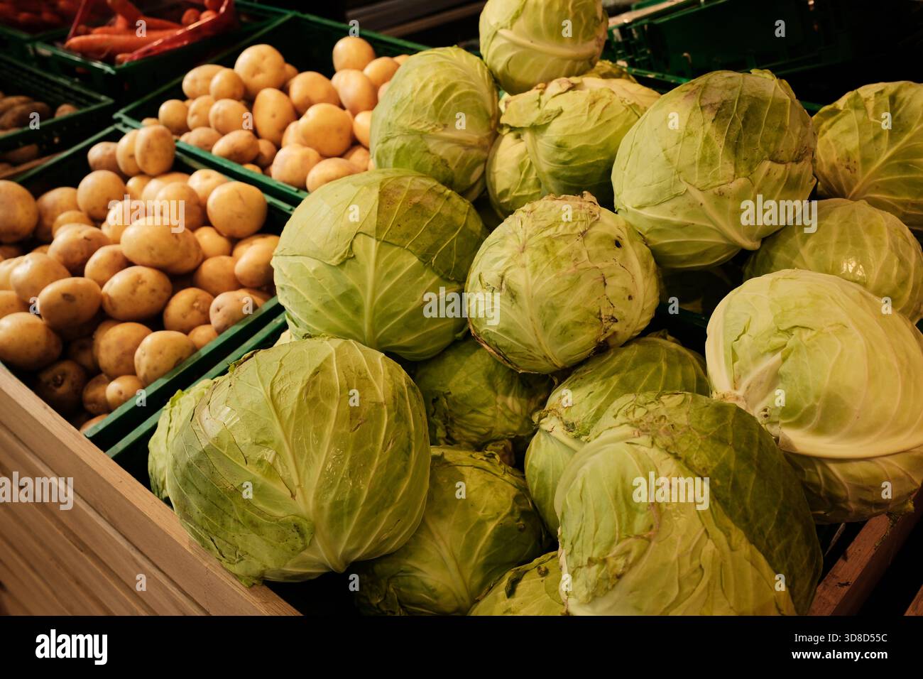 Green cabbage and potatoes fill the vegetable crates in a grocery aisle ...