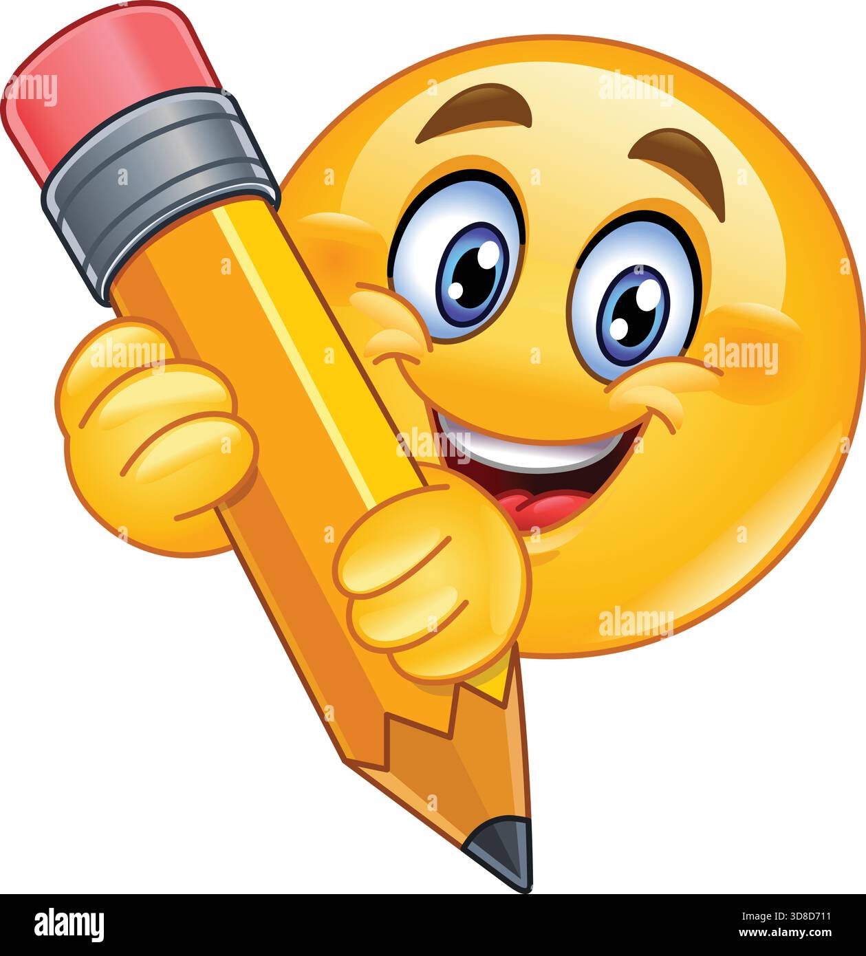 Happy emoji emoticon holding a big yellow pencil with both hands Stock ...