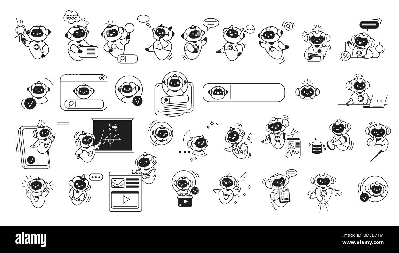 Illustration set featuring cute artificial intelligence in various ...