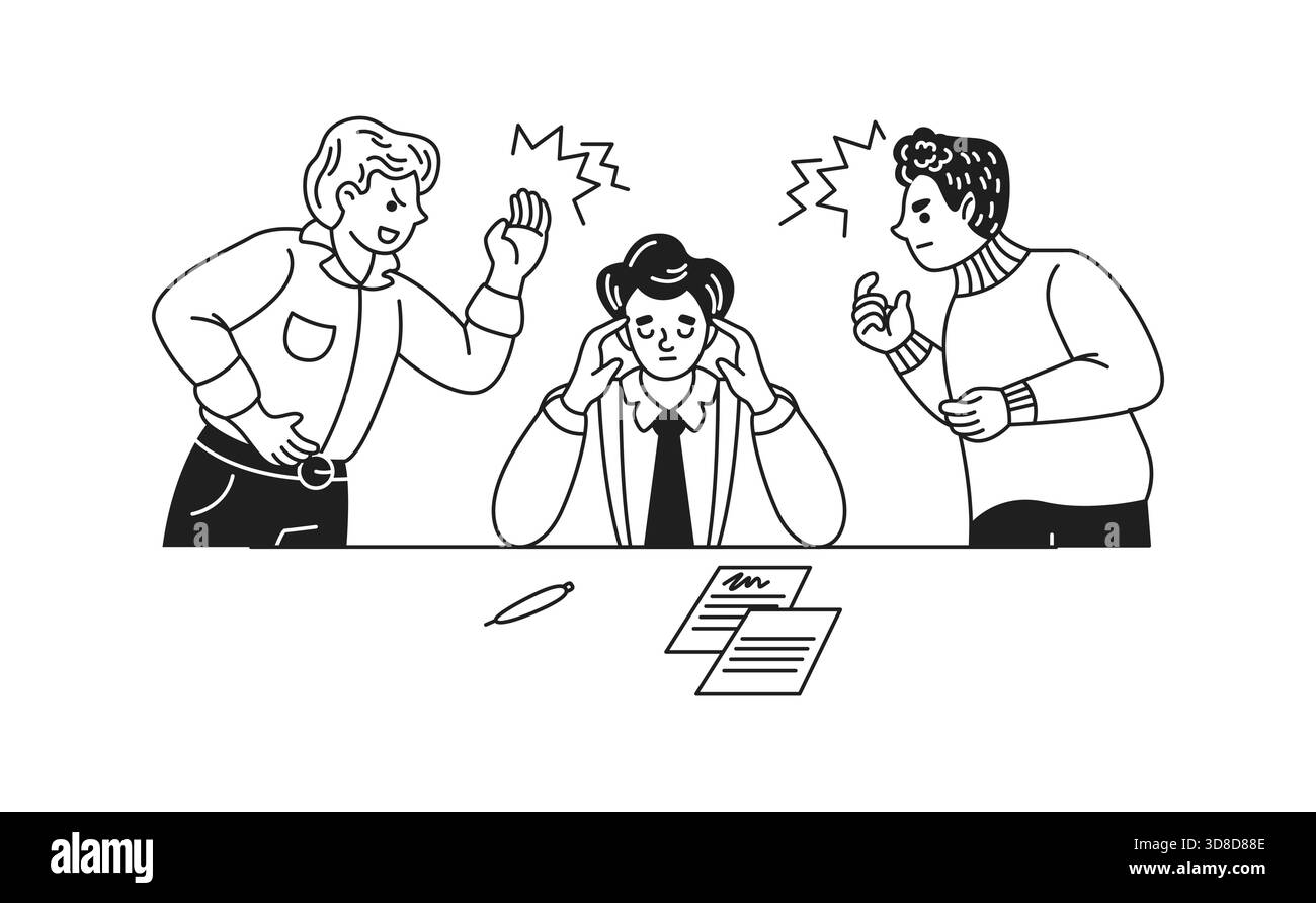 Monochrome illustration depicting office conflict. Two colleagues argue ...