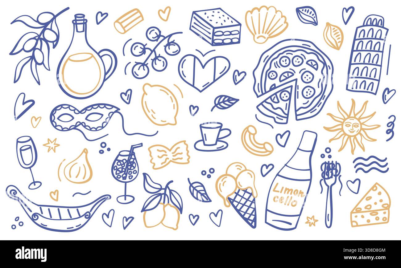 Bright hand drawn Italy themed doodle set with pizza, wine, lemons ...