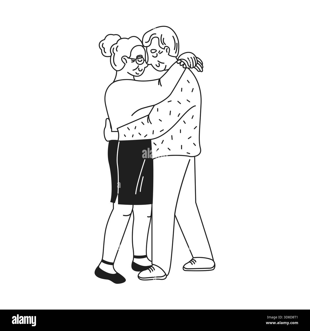 Line art of an elderly couple warmly embracing each other, conveying a ...