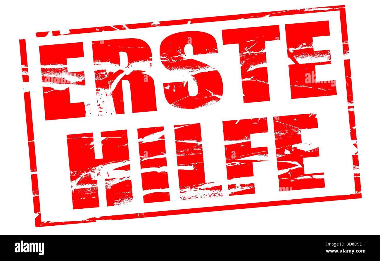 Digital composite. Red rubber stamp effect. First Aid. Erste Hilfe ...