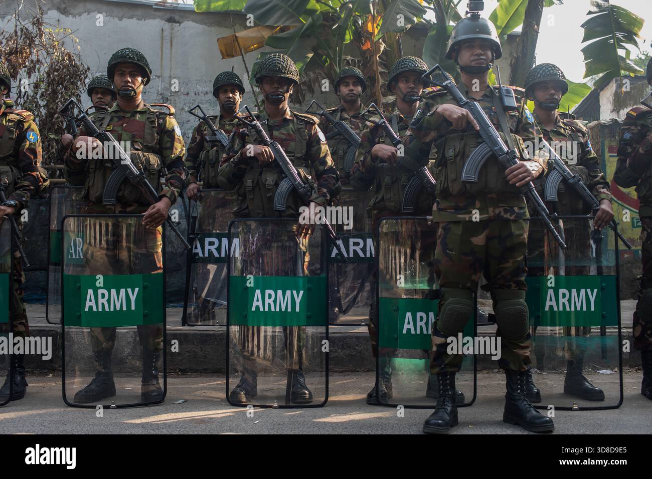 Bangladeshi Military force stand on guard during a mock voting exercise ...
