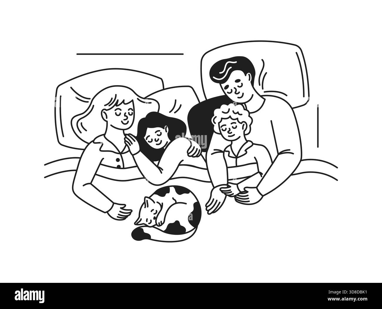 Illustration depicting a family resting peacefully in bed. Two adults ...