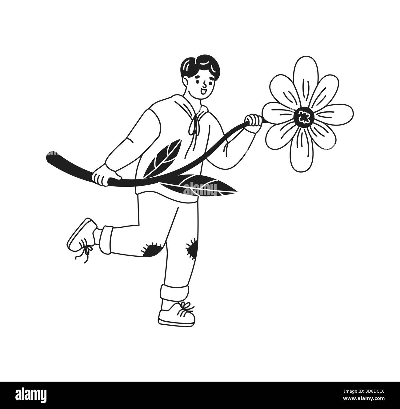 Black and white illustration of a happy person carrying a large flower ...