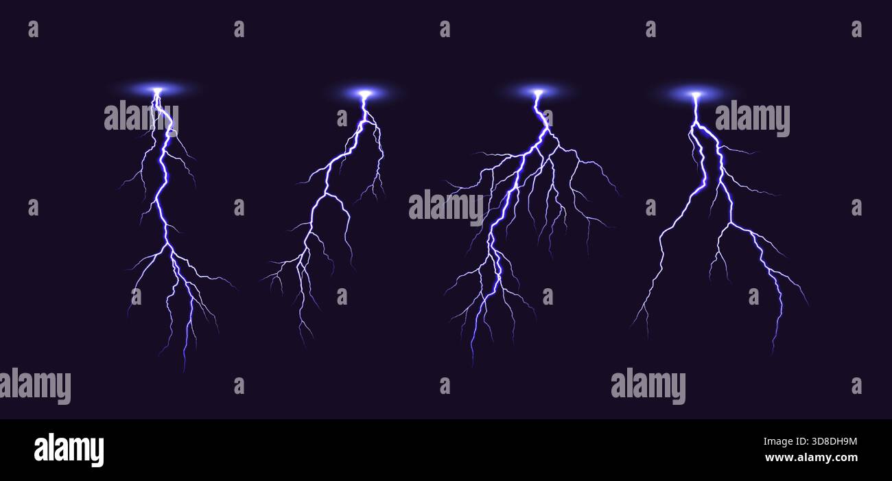 Illustration of electric lightning bolts in vivid purple on a dark ...